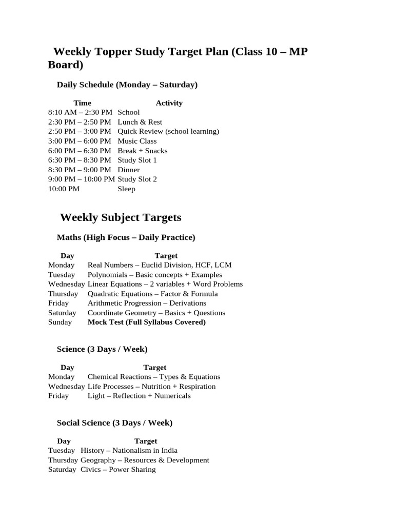 Class 10 Weekly Study Plan (MP Board) | PDF | Equations | Mathematics