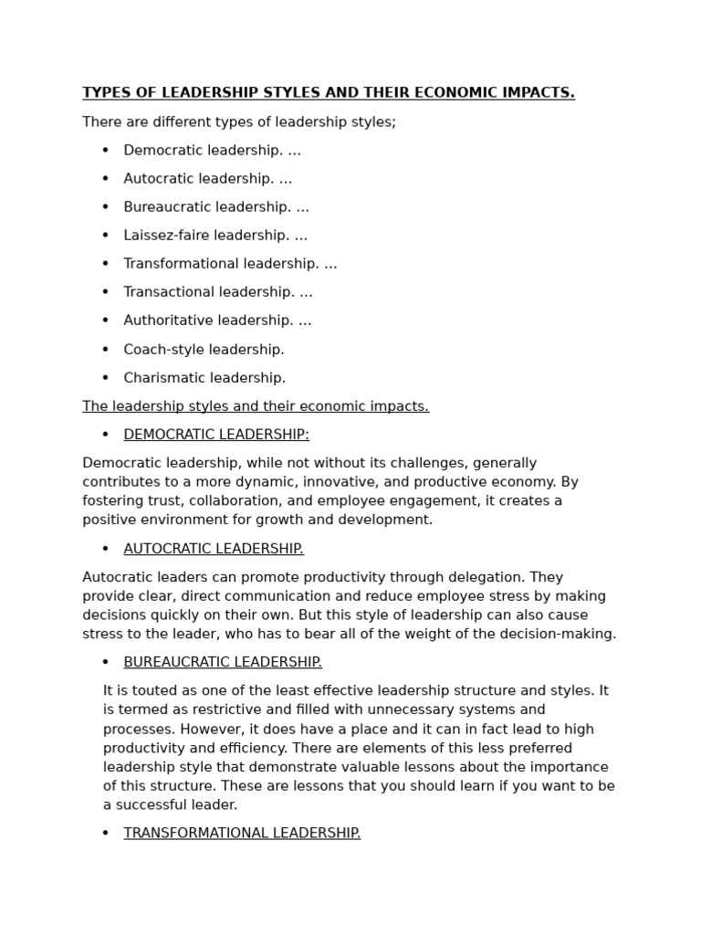 Types of Leadership Styles and Their Economic Impacts | PDF ...