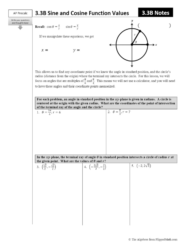 D7 NOTES & HW Sine and Cosine Function Values (3.3) | PDF