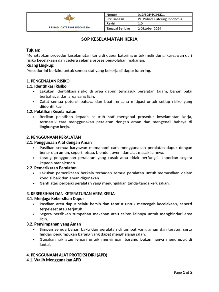 SOP Keselamatan Kerja Dapur Katering | PDF