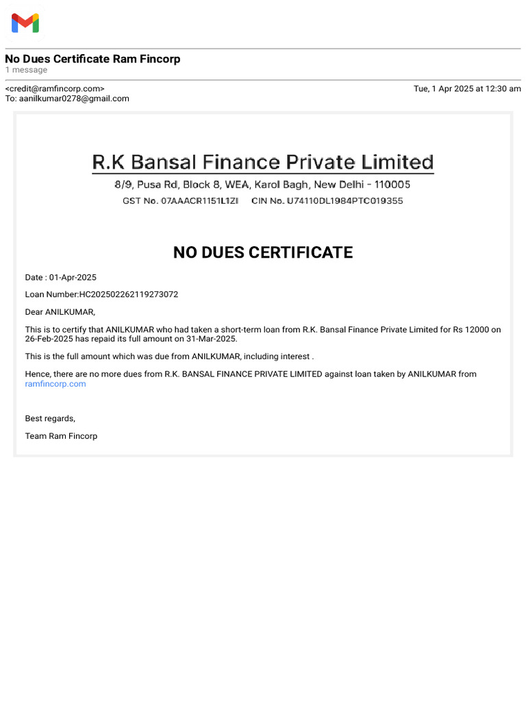 Gmail - No Dues Certificate Ram Fincorp | PDF