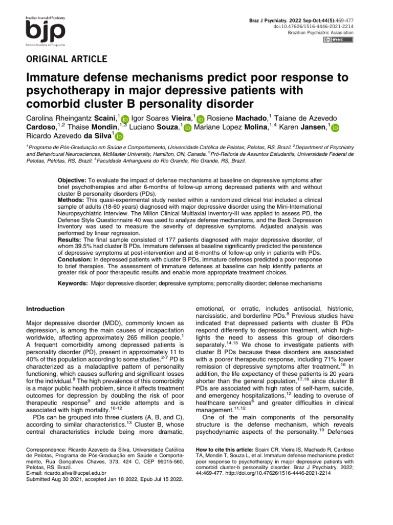 Immature Defense Mechanisms Predict Poor Response To Psychotherapy in ...