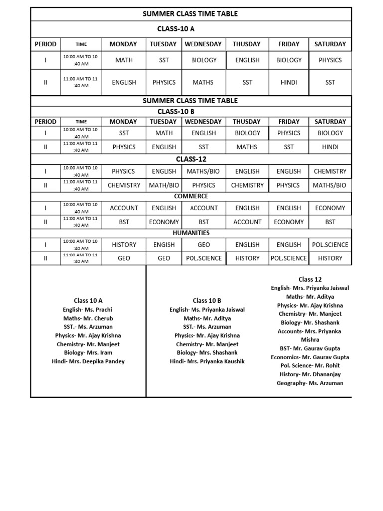 Aditya Summer Time Table | PDF