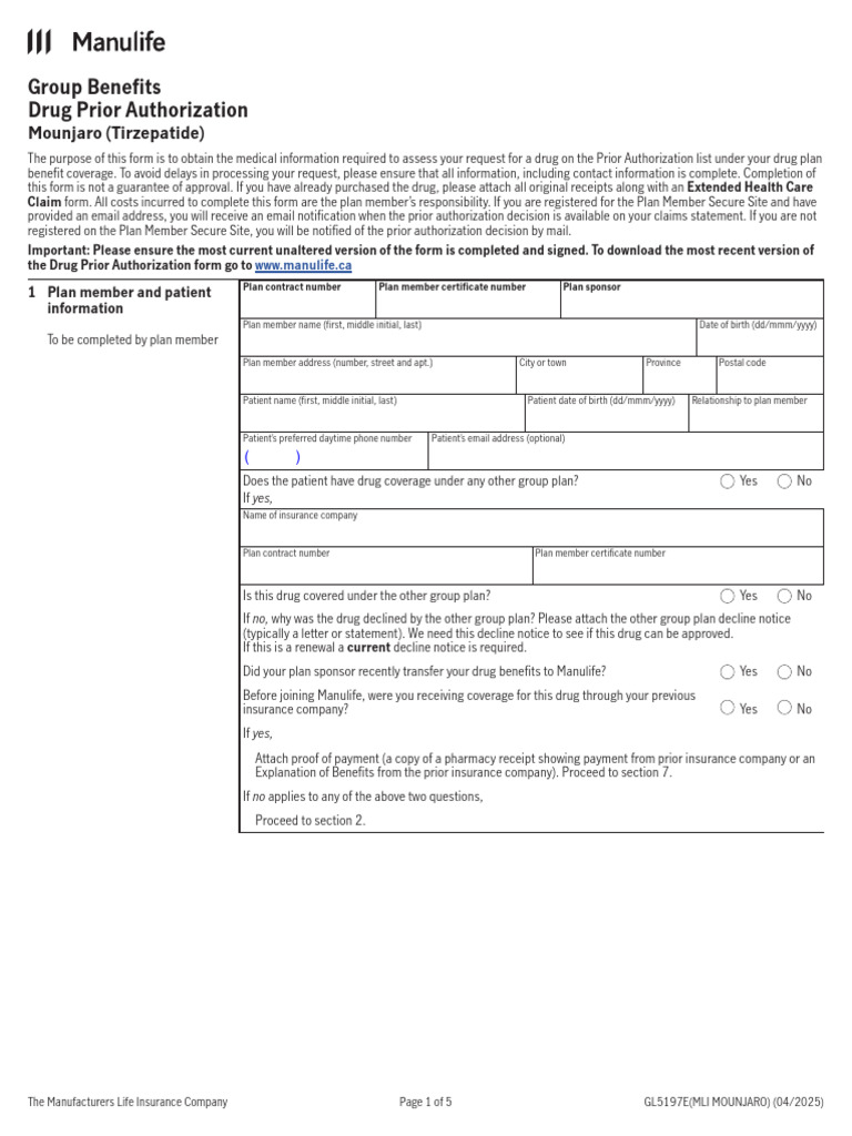Manulife Mounjaro Prior Authorization Form | PDF | Pharmacy | Patient