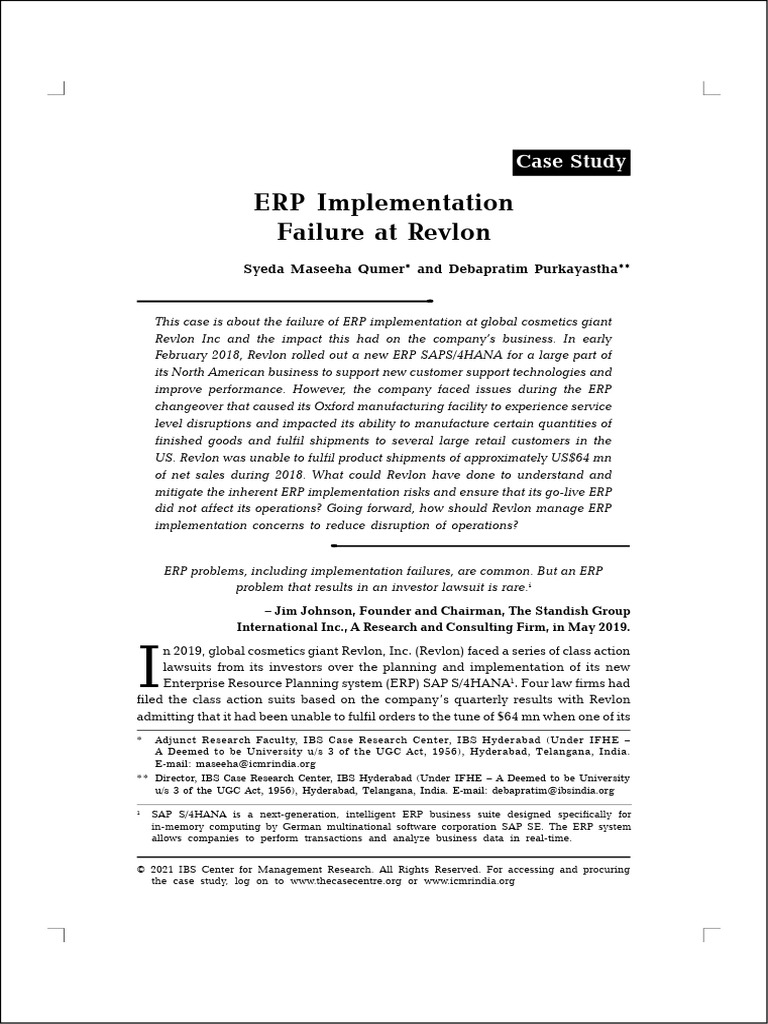 6 ERP Implementation Failure at Revlon Case Study | PDF | Enterprise Resource Planning | Business