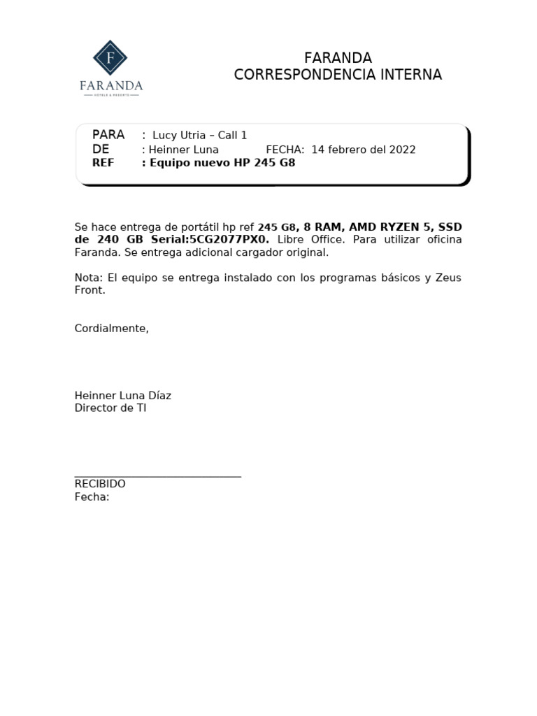 Memorando Entrega Portatil Col1 | PDF