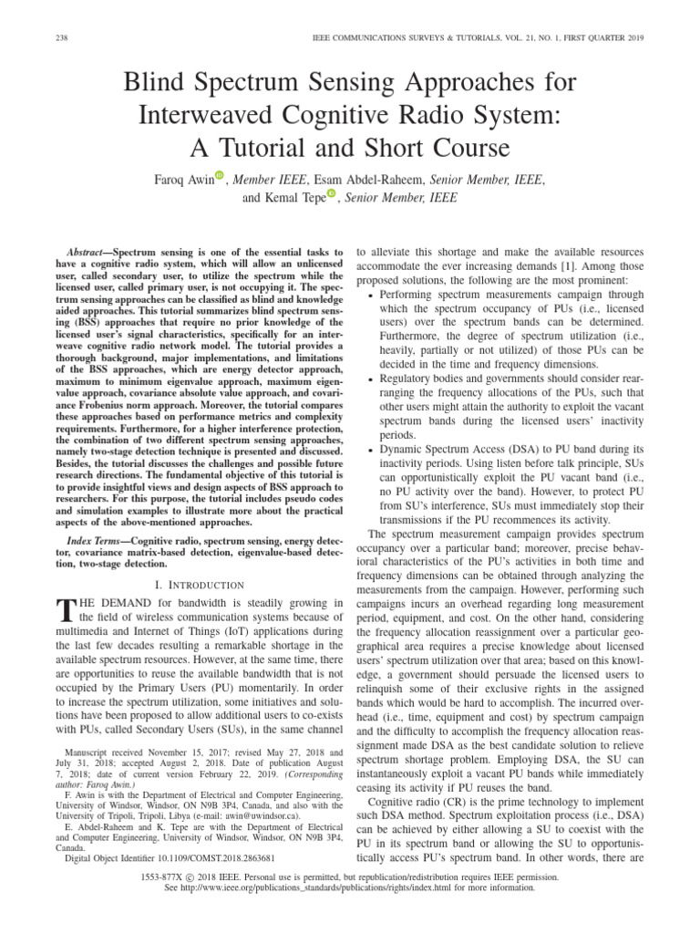 Blind Spectrum Sensing in Cognitive Radio | PDF | Cognitive Radio ...