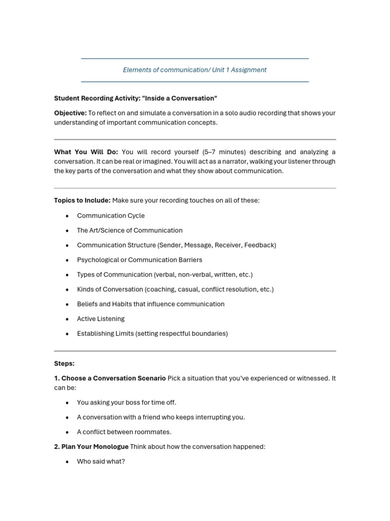 Elements of Communication - Assignment 1 Instructions | PDF | Communication | Conversation