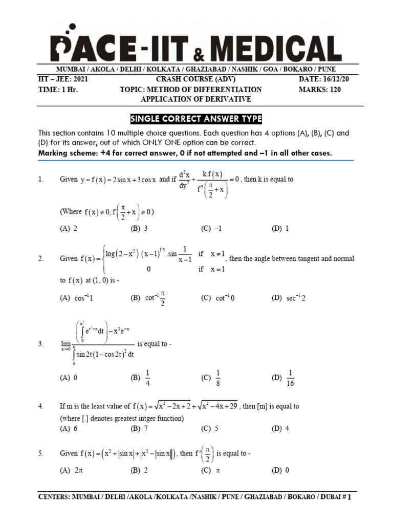 Method of Differentiation & Application of Derivative (Question Paper ...