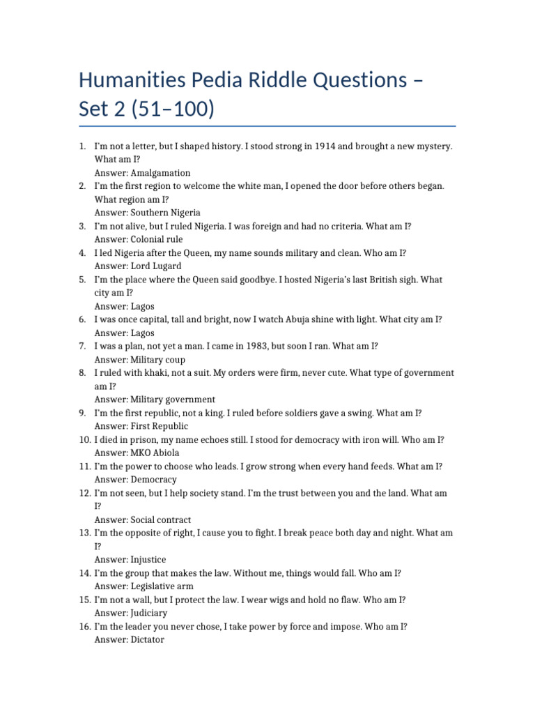 Humanities Pedia Riddles Set2 | PDF