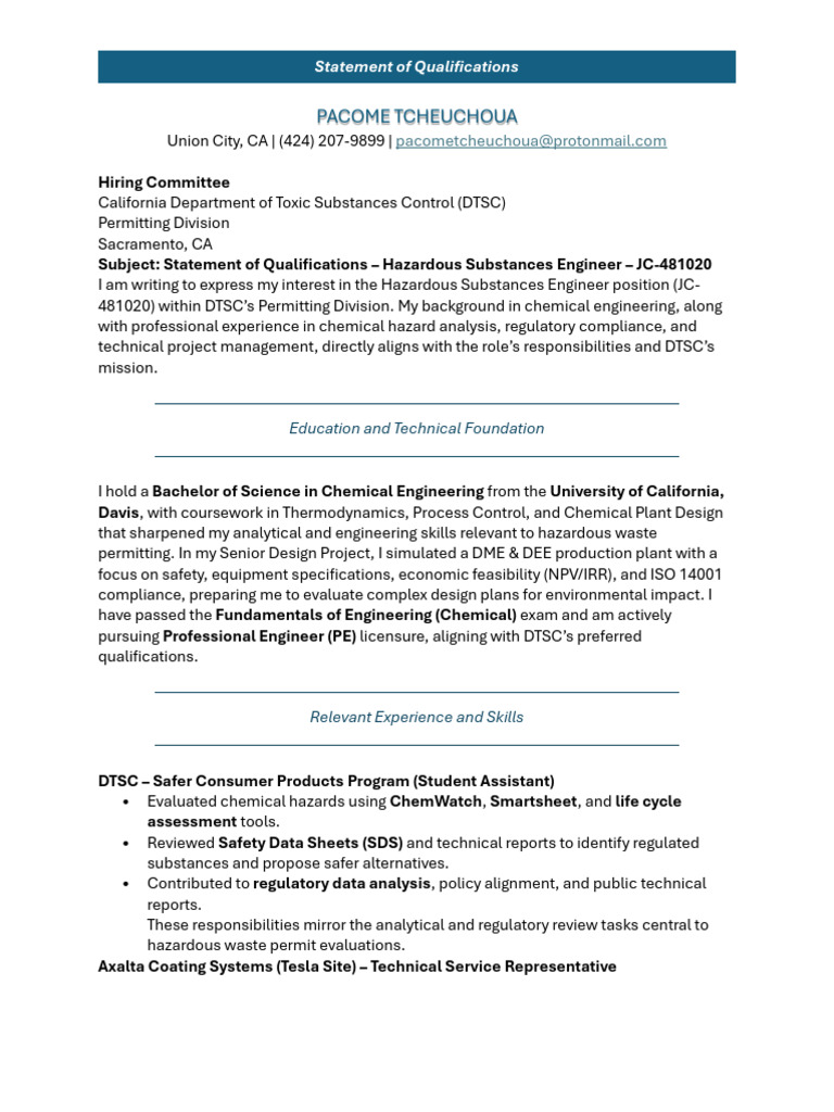 Statement of Qualifications | PDF | Regulatory Compliance | Engineer