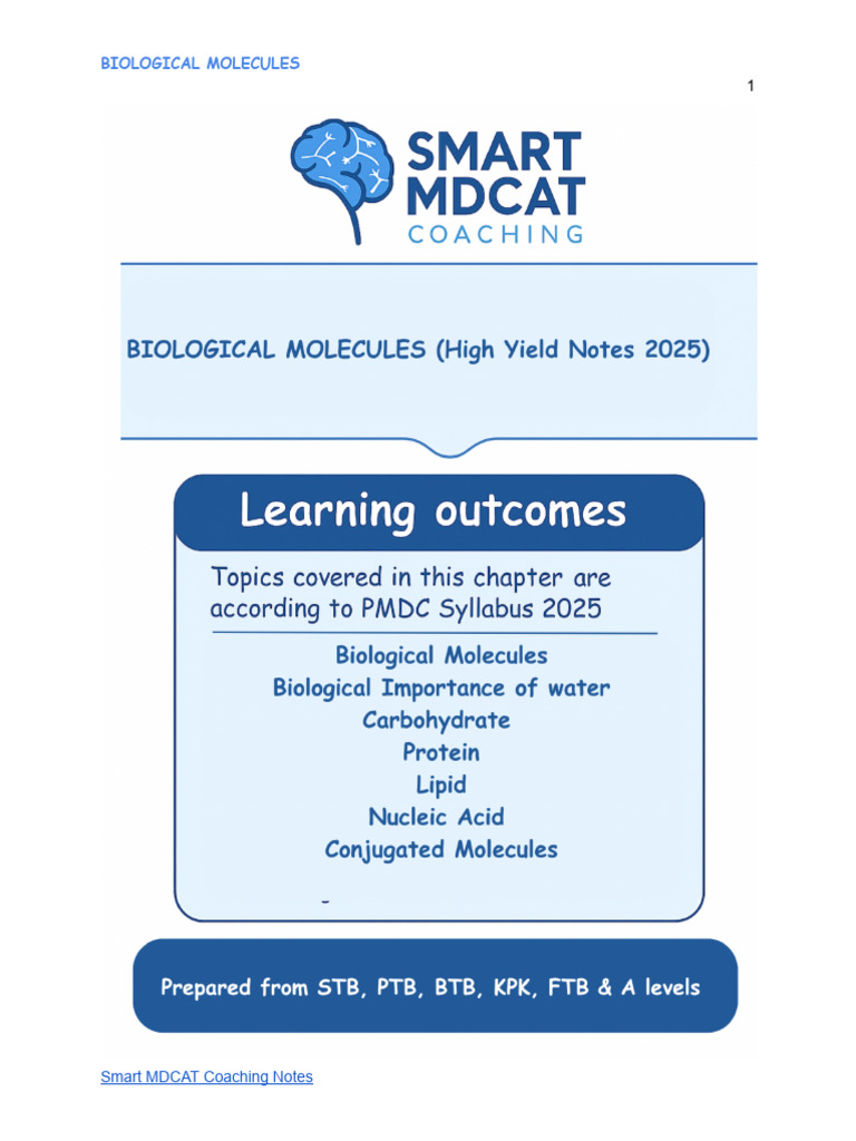 MDCAT Notes on Biological Molecules | PDF | Rna | Dna