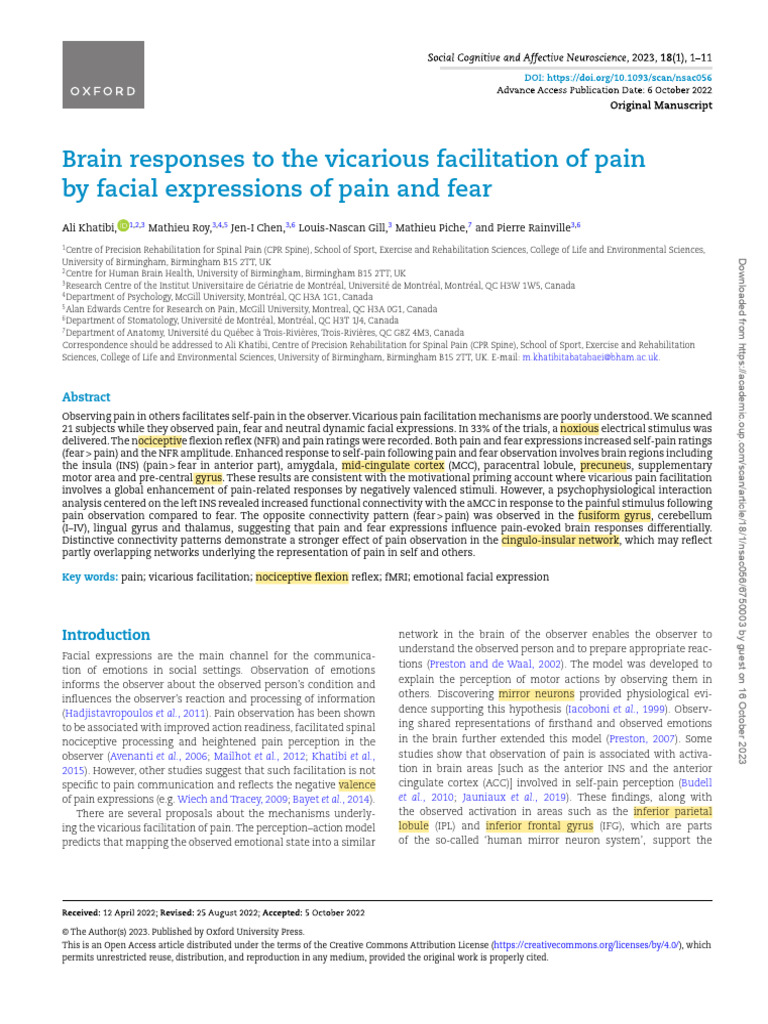 Brain Responses To The Vicarious Facilitation of Pain by Facial ...