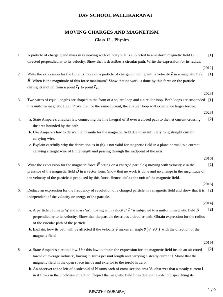 Moving Charges and Magnetism Subjective Questions Practice | PDF ...