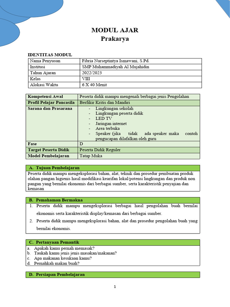 MODUL AJAR Pengolahan Buah | PDF