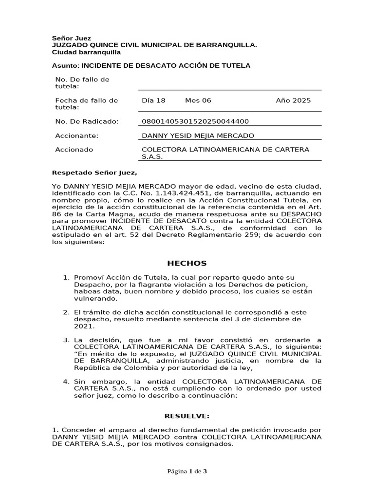 Incidente de Desacato en Tutela 2025 | PDF | Debido al proceso | Justicia