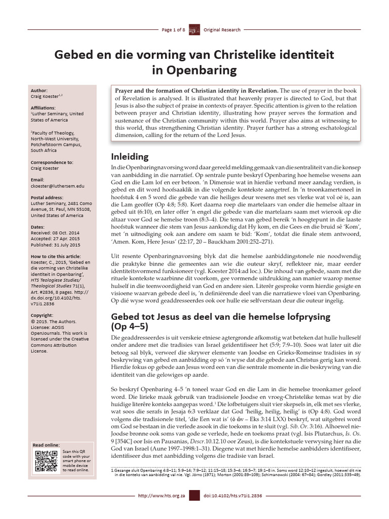 Gebed en Die Vorming Van Christelike Identiteit in | PDF