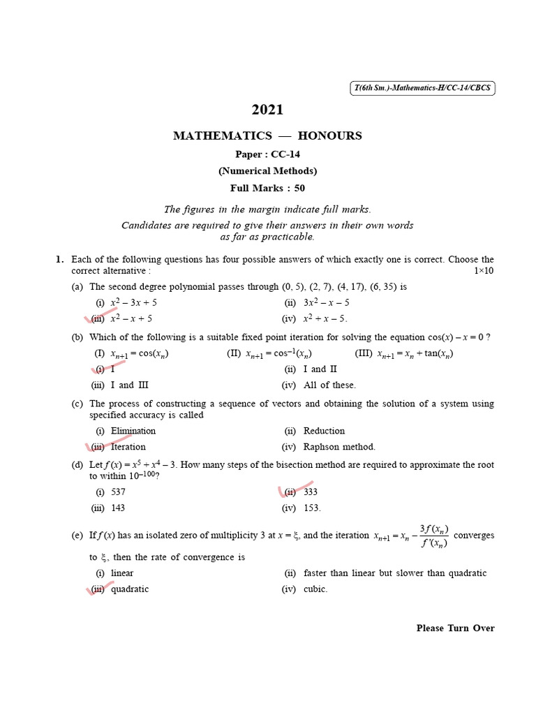 CC 14 (2021-2024) Math Question Paper | PDF | System Of Linear Equations | Numerical Analysis