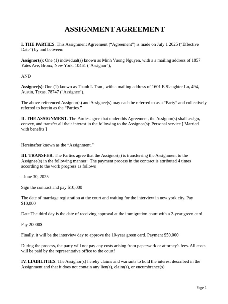 Assignment Agreement Form Thanh Tran Vs Zoly | PDF | Assignment (Law ...