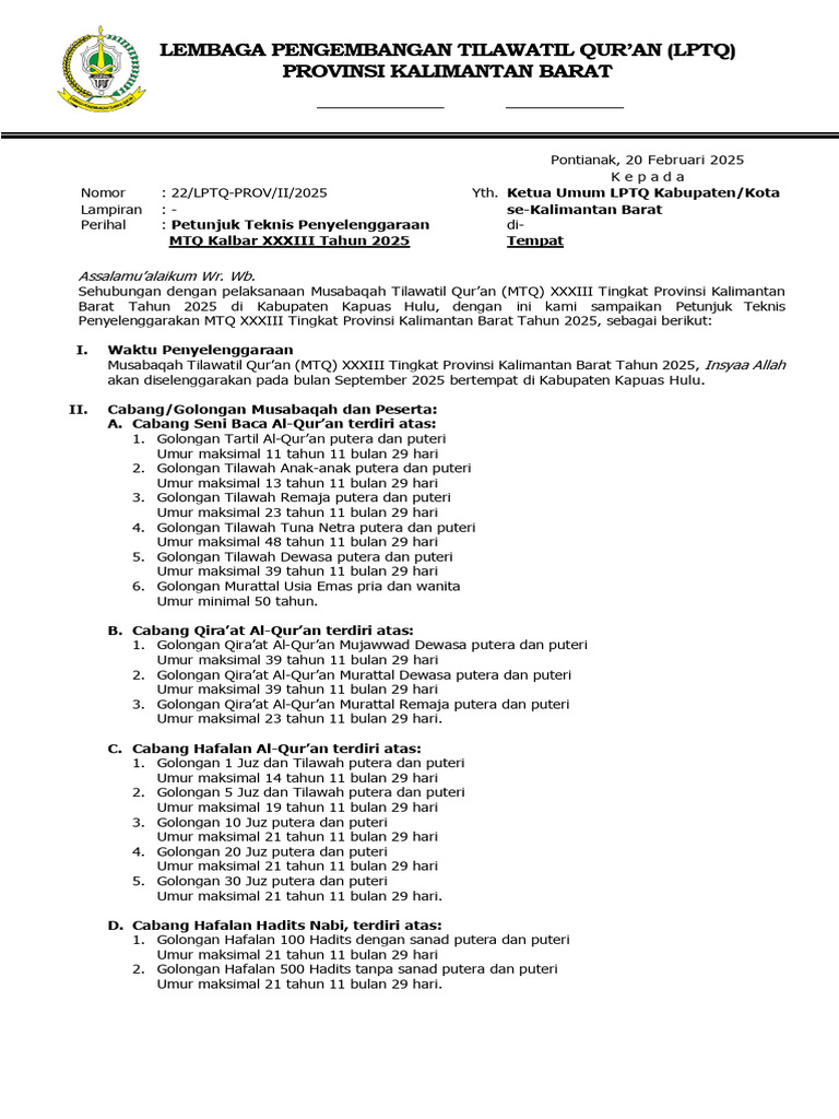 Juknis MTQ 33 Kalbar 2025 | PDF