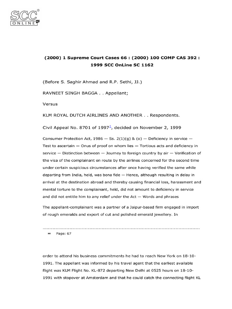 (Para 6) Ravneet Singh Bagga v. KLM Royal Dutch Airlines, (2000) 1 SCC ...