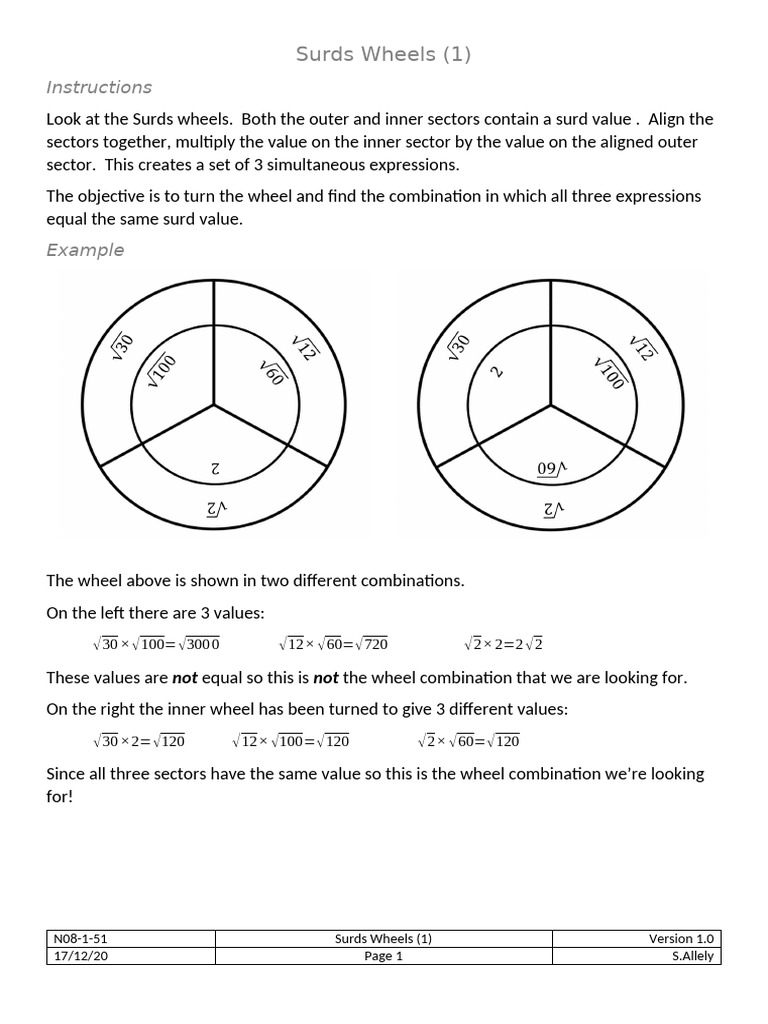 N08!1!51 Surds Wheels 1 Worksheet Cutting Version | PDF