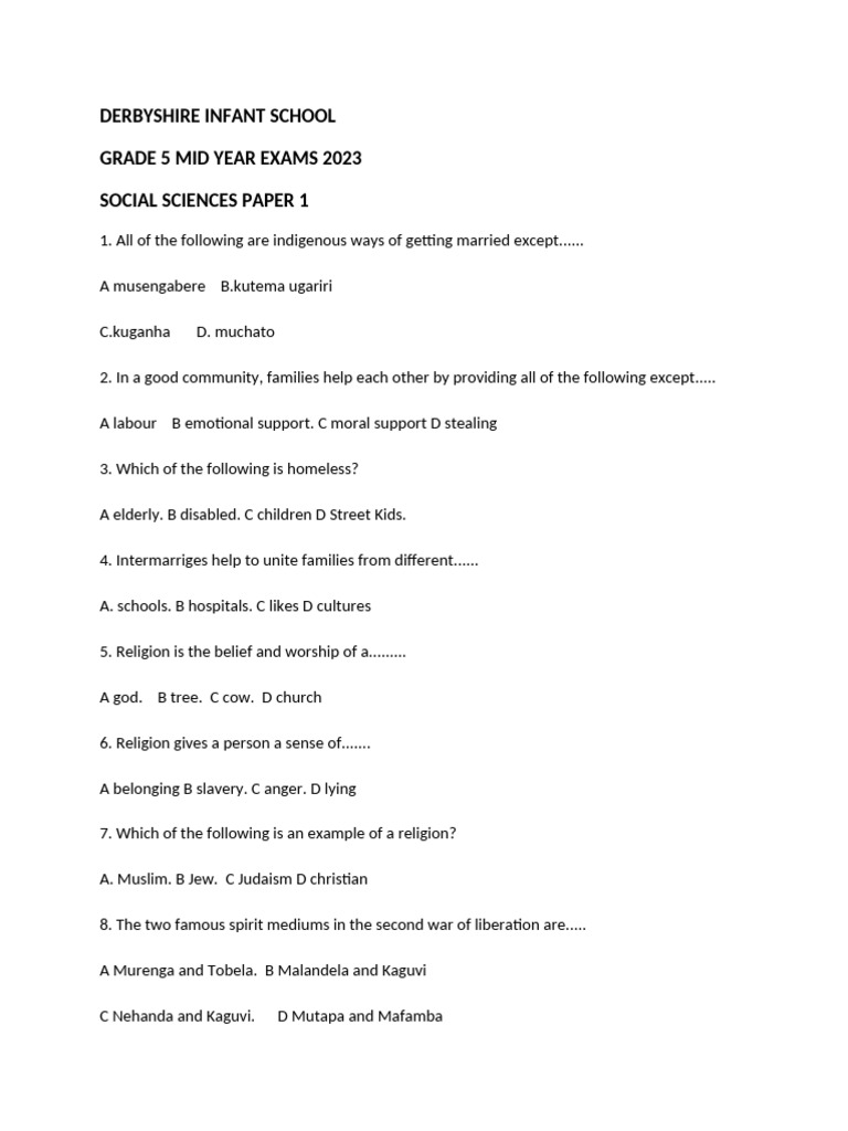 Grade 5 Social Sciences Paper 1 Mid | PDF | Torah | Zimbabwe