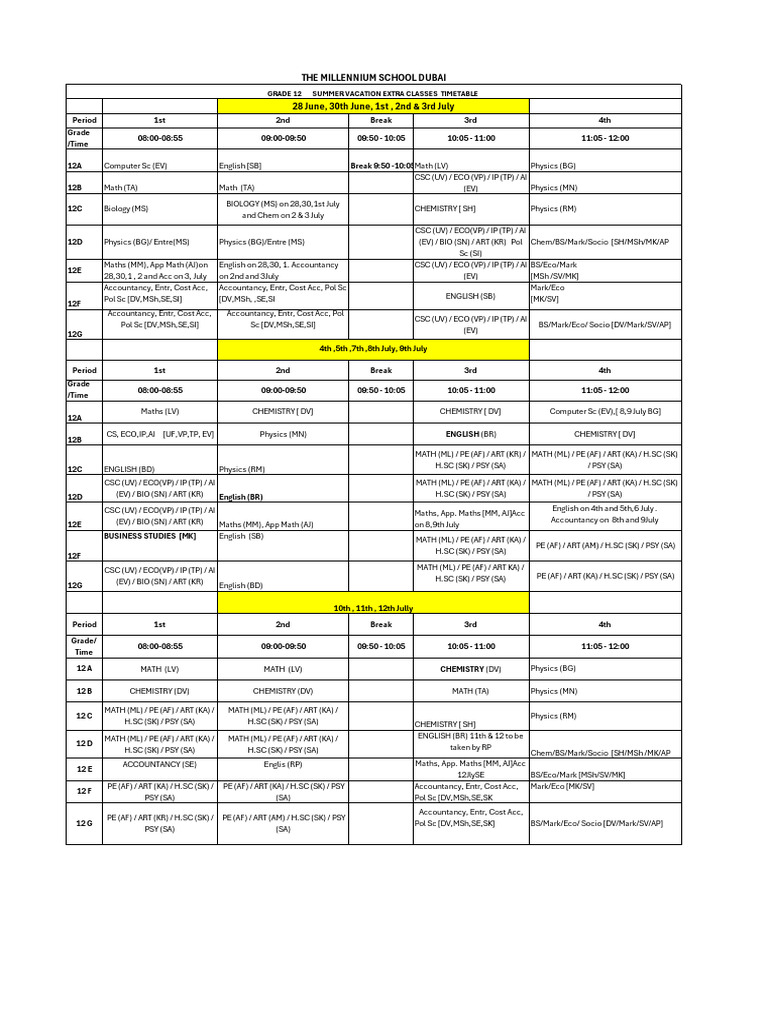 Grade 12 Summer Extra Class Timetable Final 25june25 | PDF