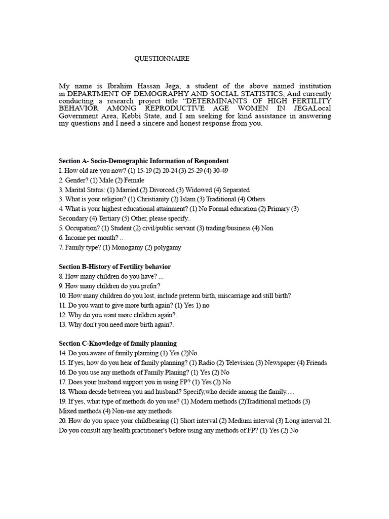 Family Planning Knowledge Questionnaire | PDF