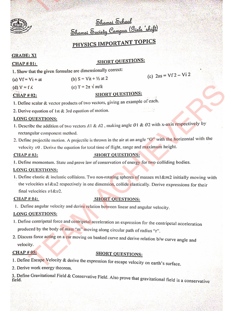 XI Physics Important Topics | PDF
