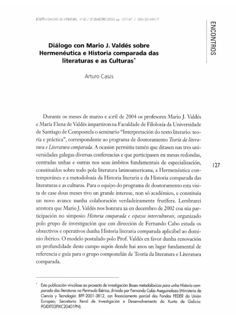 Diálogo Con Mario Valdés Sobre Hermenéutica e Historia Comparada de Las ...