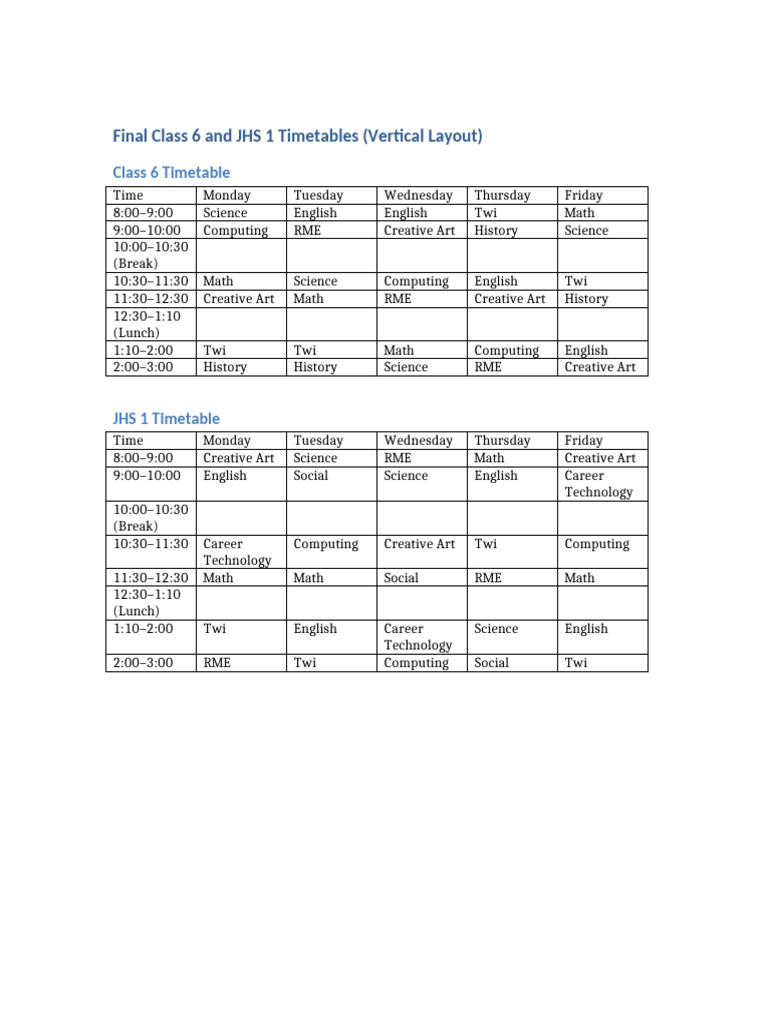 Vertical Class6 JHS1 Timetable | PDF