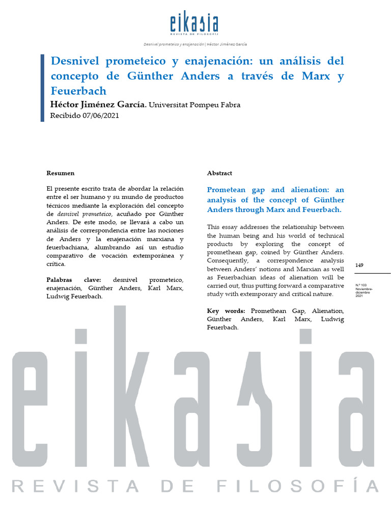 Desnivel Prometeico y Enajenacion Un Ana | PDF | Karl Marx | Alienación social