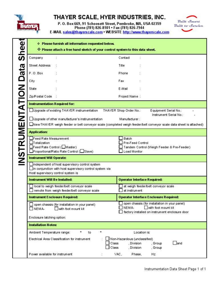 THAYER Scale Instrumentation Data Sheet | PDF | Instrumentation ...
