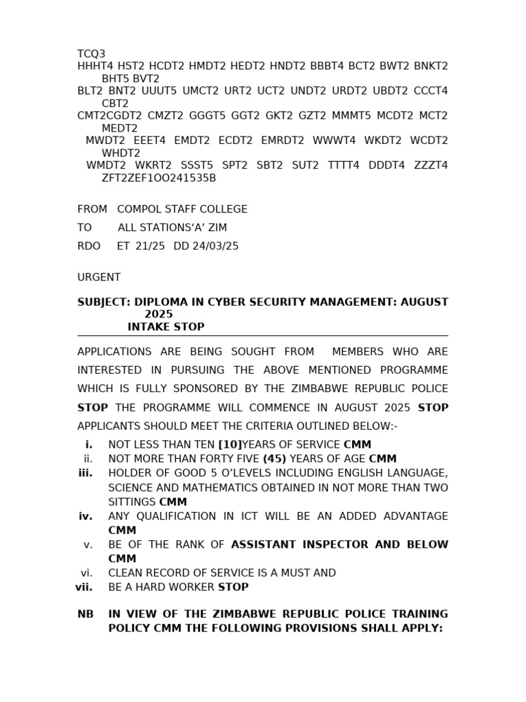 ZRP Diploma in Cyber Security Intake 2025 | PDF