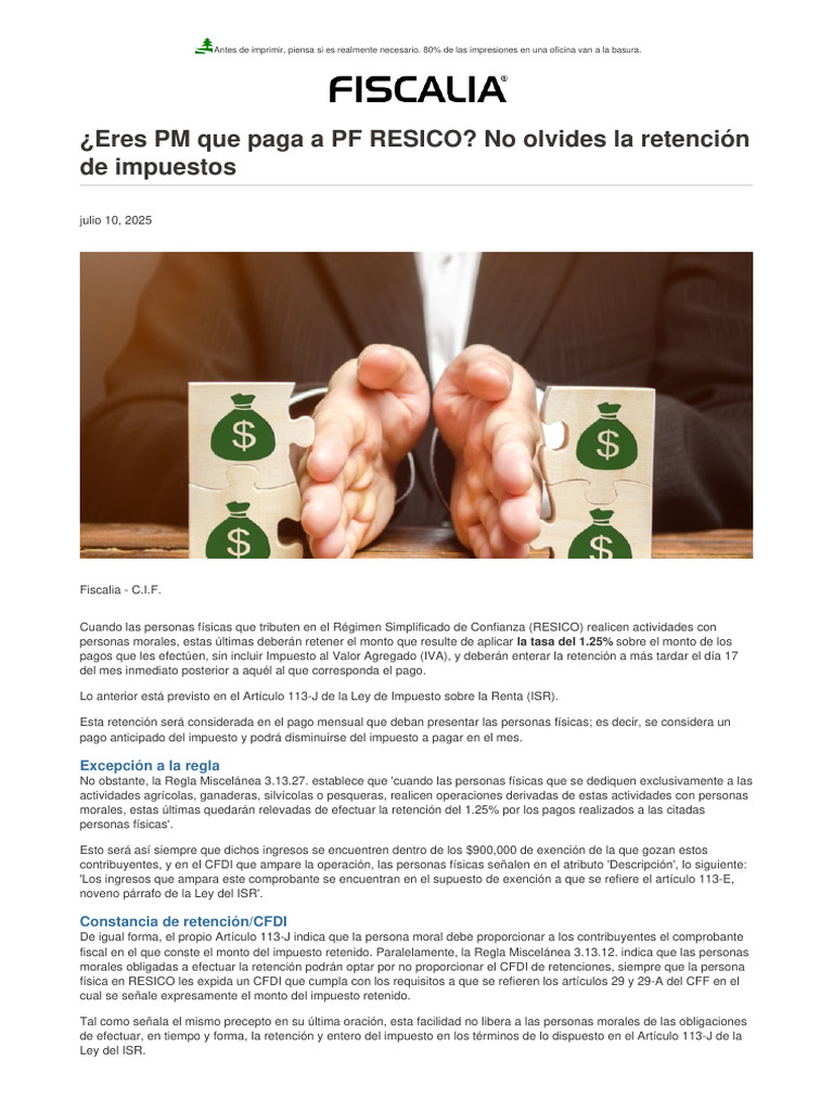 ¿Eres PM Que Paga A PF RESICO - No Olvides La Retención de Impuestos ...