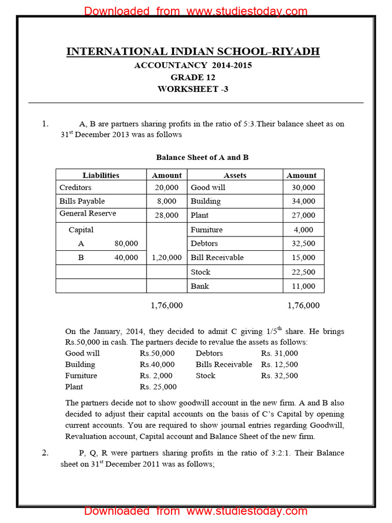 CBSE Class 12 Accountancy Worksheet Revision Worksheet 2 | PDF ...