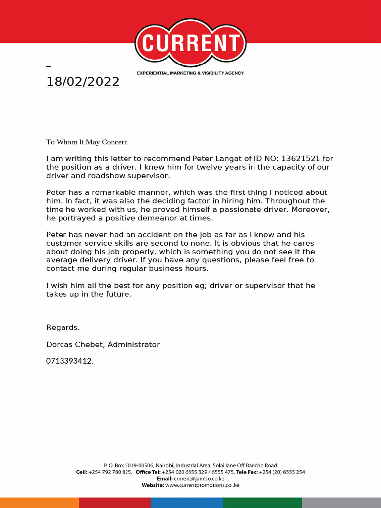 Recommendation Letter for Driver Peter Langat | PDF