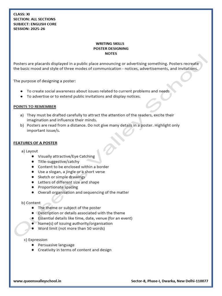 Xi English Core Writing Skills Poster Designing Notes | PDF | Poster ...