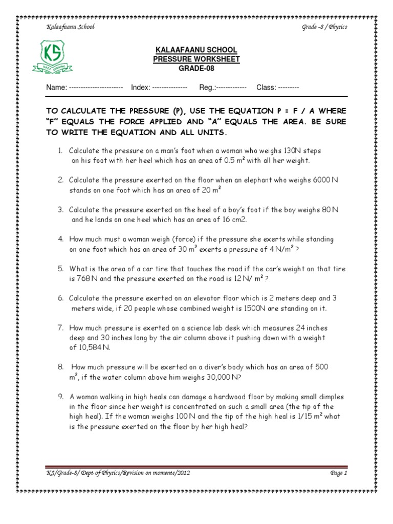 Grade 8 Pressure Calculation Worksheet | PDF | Weight | Pressure
