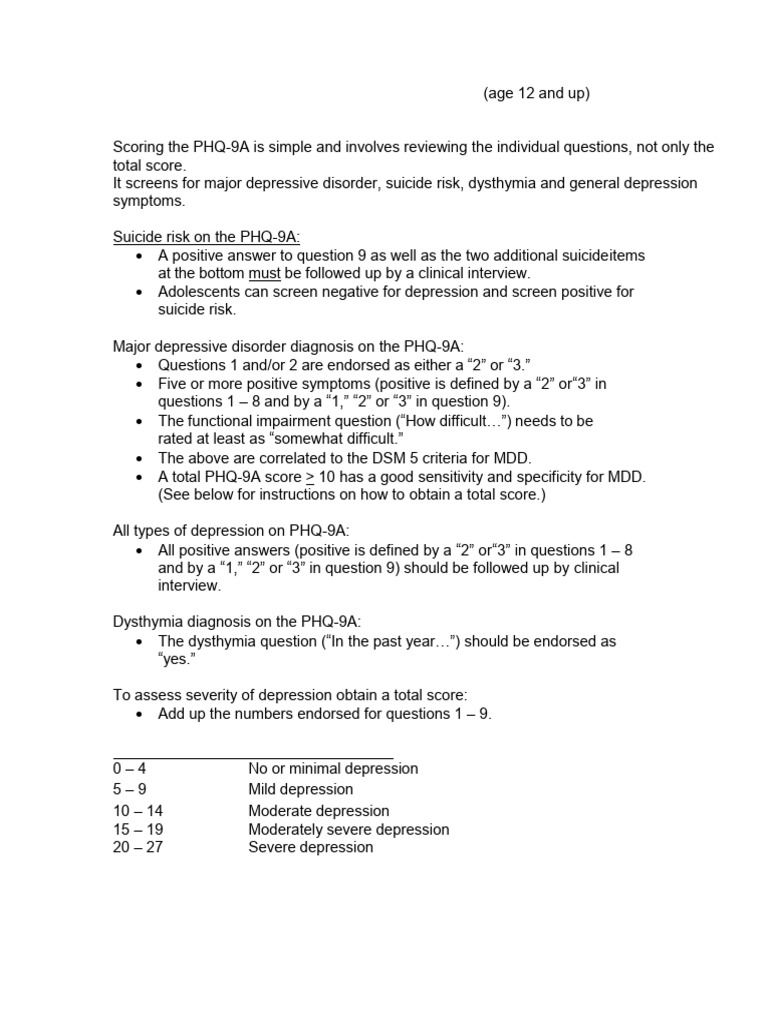 Scoring The PHQ 9 Adolescent Age 12 and Up | PDF