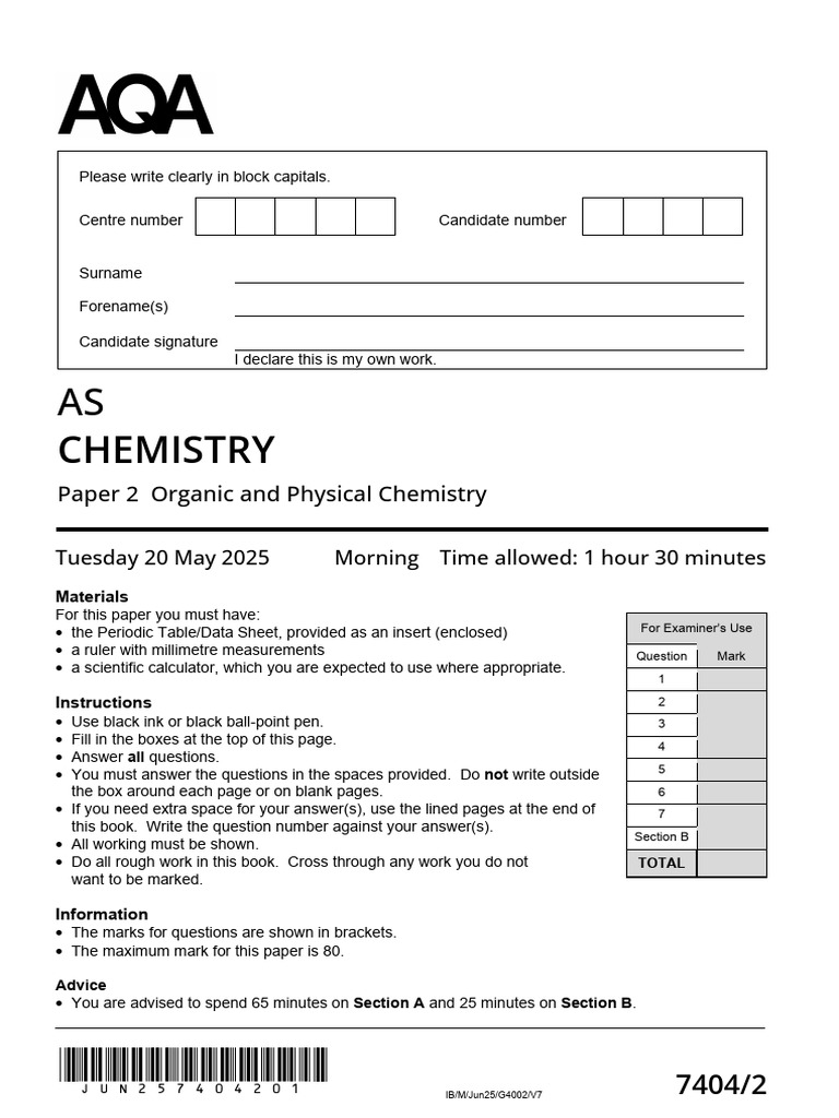 AQA A Level Chemistry Paper 2 2025 | PDF | Combustion | Chemical Polarity