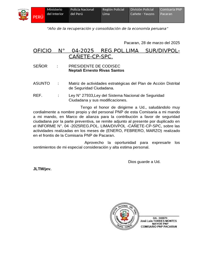 Oficio e Informe Codisec. | PDF | Lima | Cumplimiento de la ley