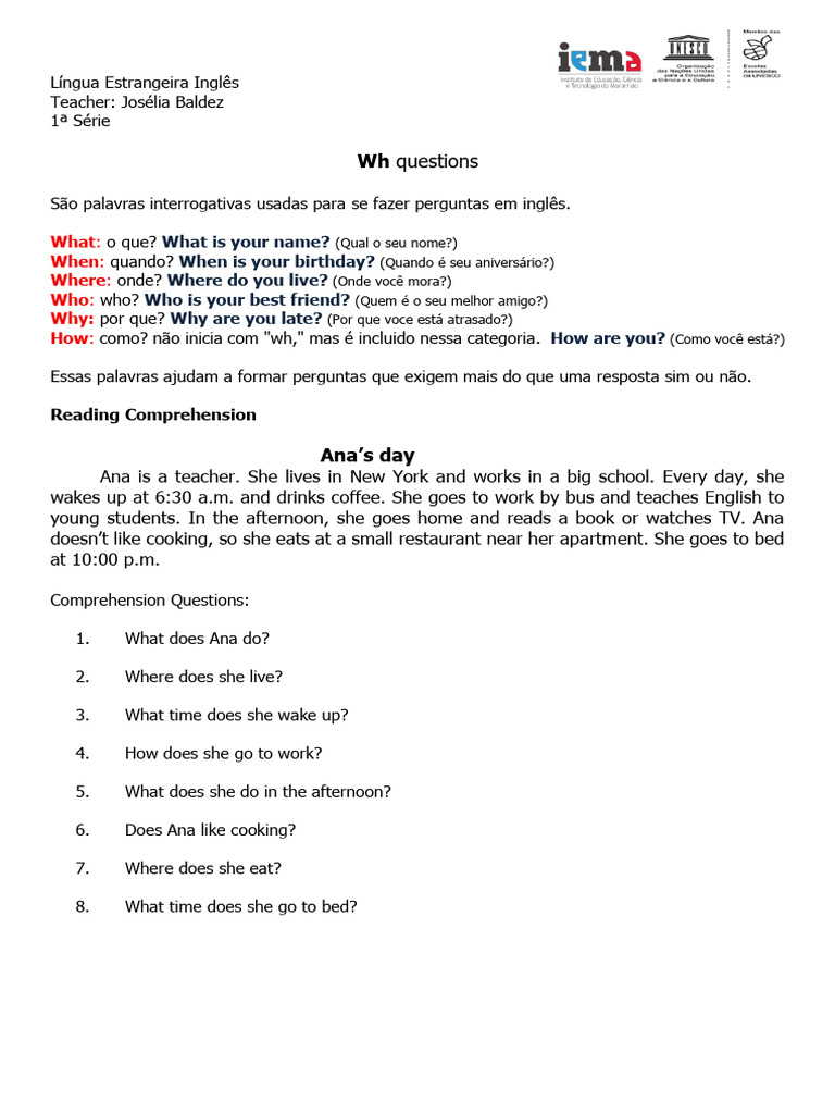 Perguntas em Inglês: Wh Questions e Leitura | PDF
