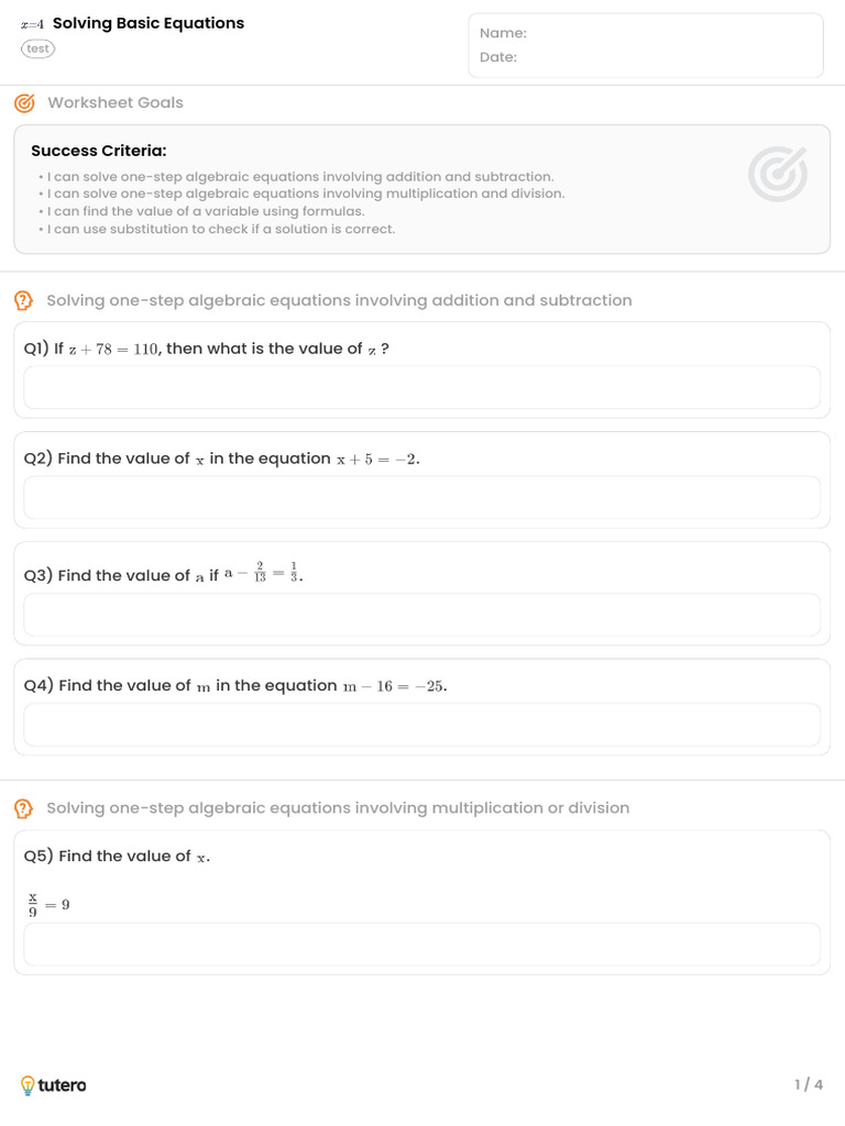 Solving Basic Equations Worksheet - Worksheet | PDF | Equations ...