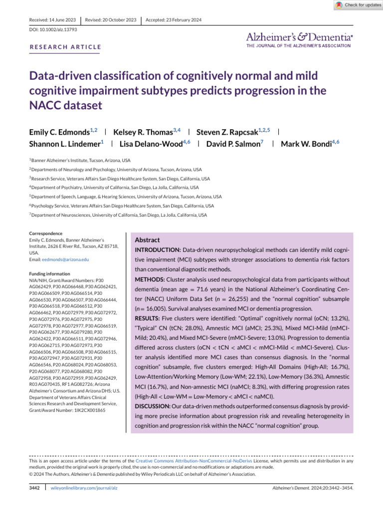 Alzheimer S Dementia - 2024 - Edmonds - Data Driven Classification of Cognitively Normal and ...