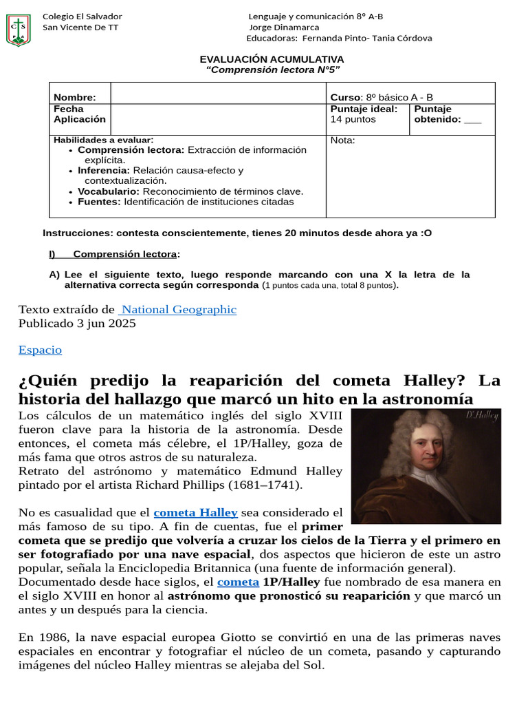 Evaluación de Comprensión Lectora 8º Básico | PDF | Cometa | Astronomía