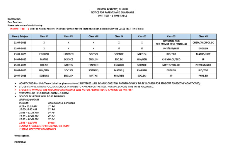 Unit Test 1 - July 2025 - Time Table | PDF