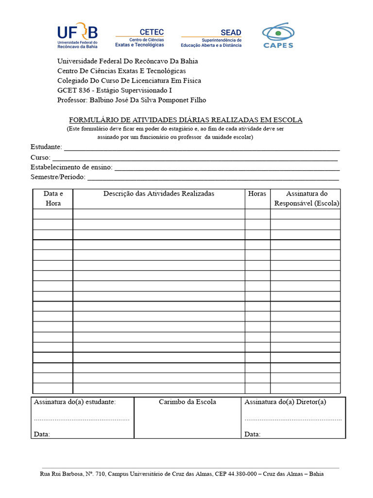 Formulário de Atividades de Estágio | PDF
