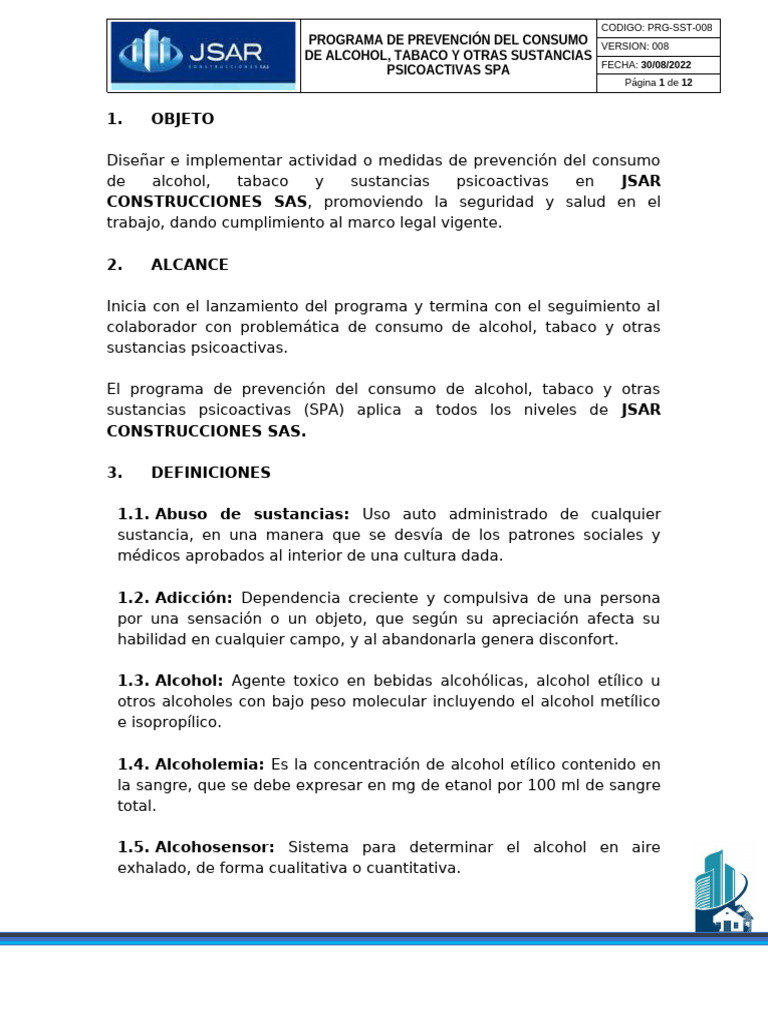 8.PRG-SST-008 Programa de Prevención Del Consumo de Alcohol, Tabaco y Otras Sustancias | PDF ...